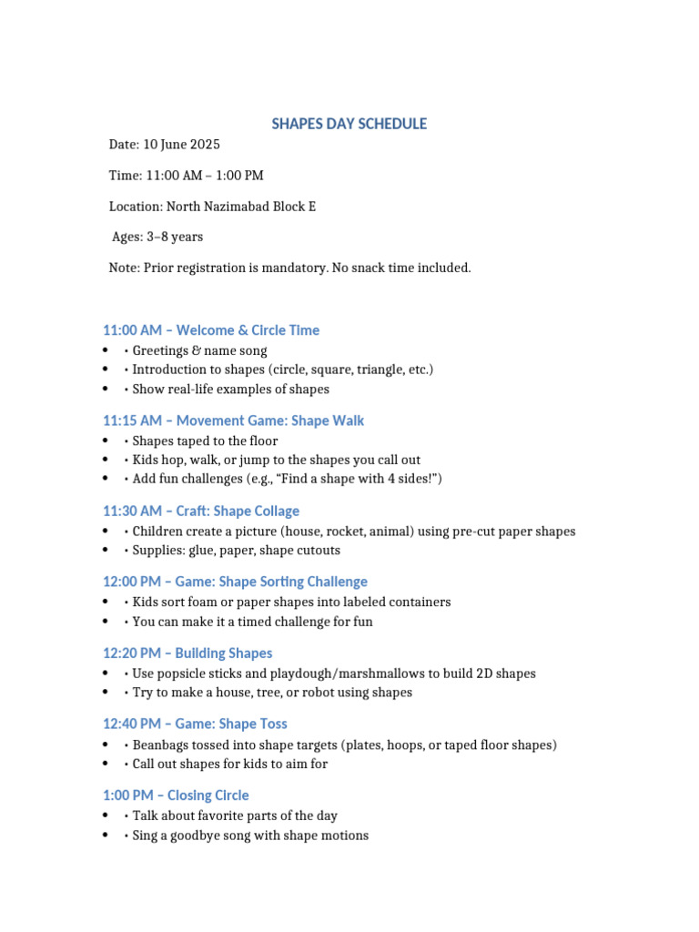 Shapes Day Schedule for Kids | PDF