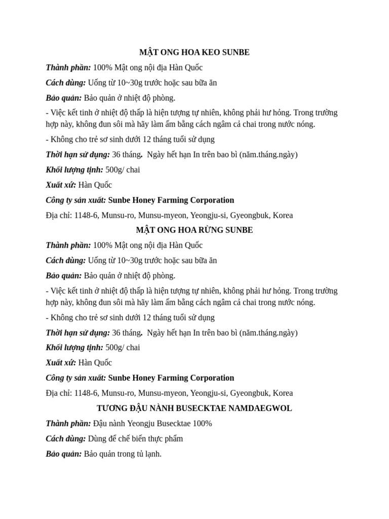 Mật Ong Hoa Keo Sunbe | PDF