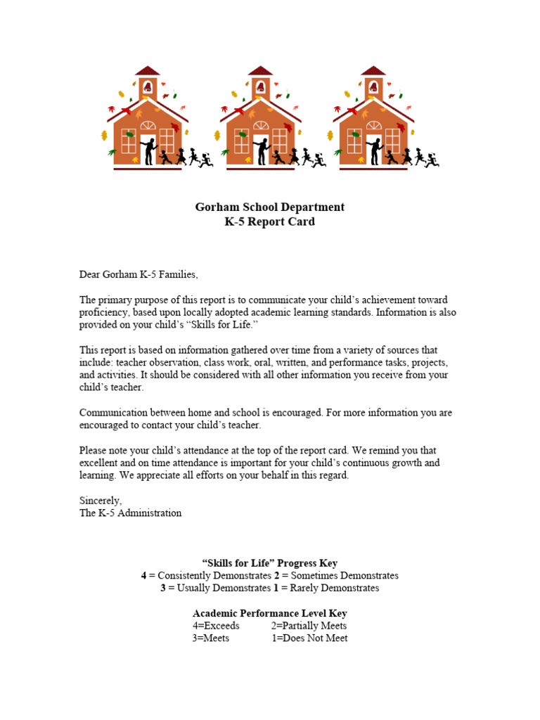 K-5 Report Card Cover Sheet Gorham School Department | PDF