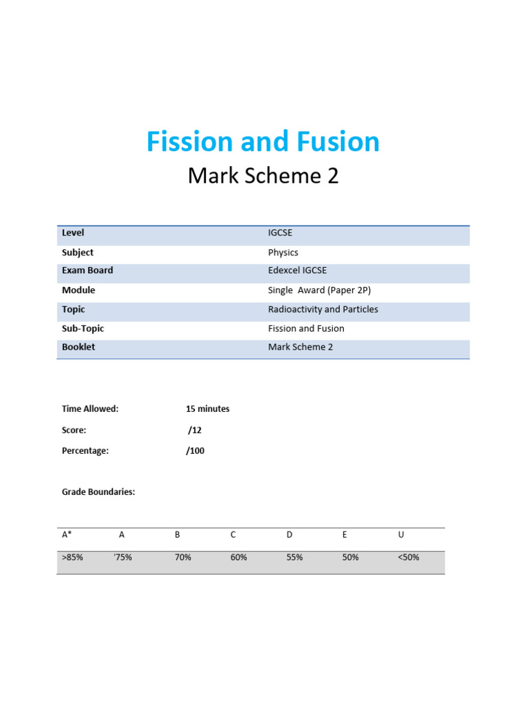 26.2 Fission and Fusion 2P Edexcel IGCSE Physics MS | PDF | Nuclear ...