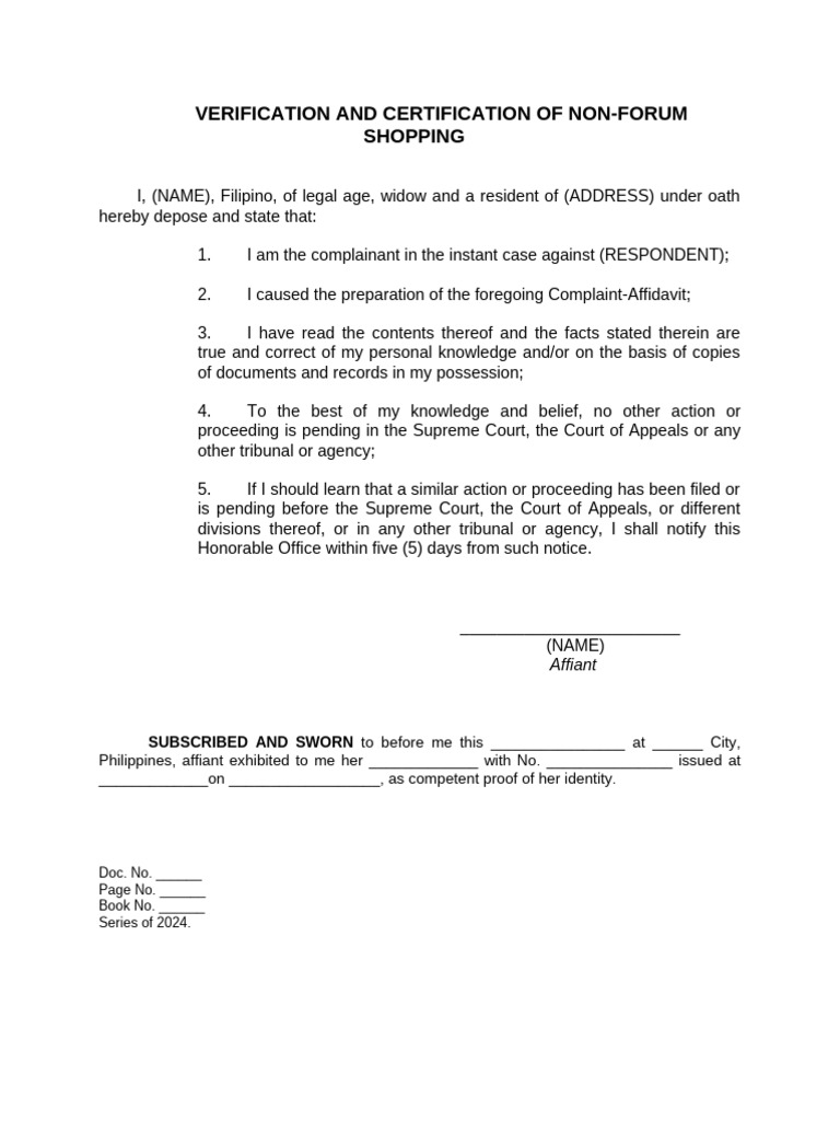 Non-Forum Shopping Certification Affidavit | PDF
