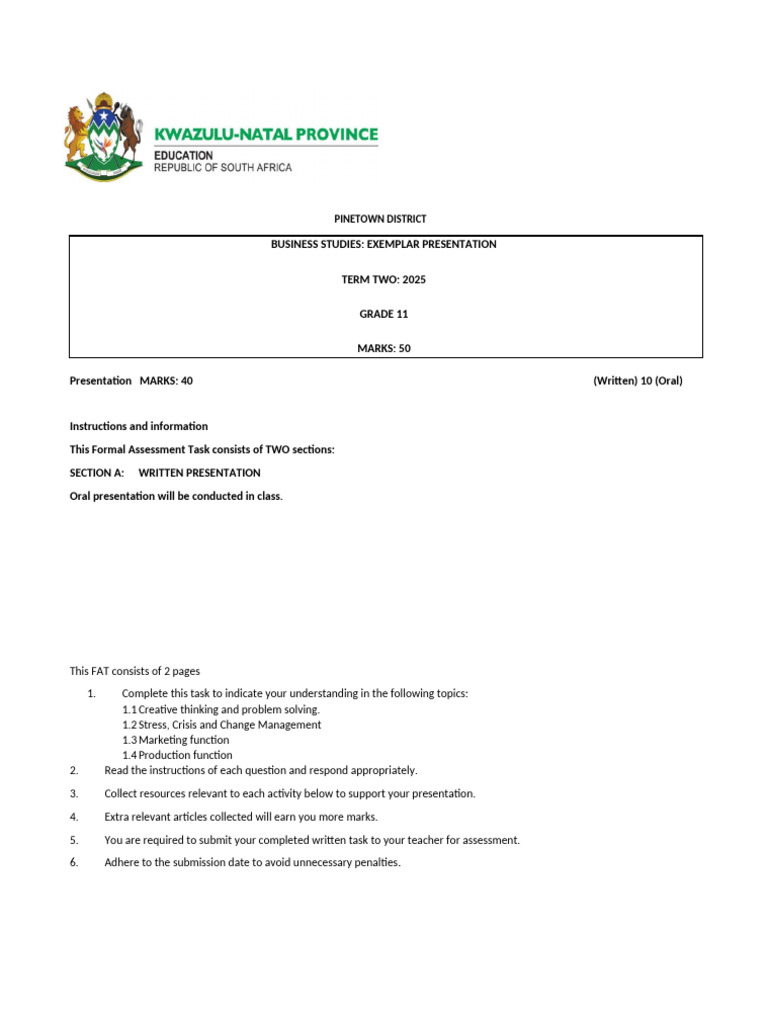 Term 2 - 2025 Presentation Task Business Studies Grade 11 | PDF | Behavior Modification | Human ...