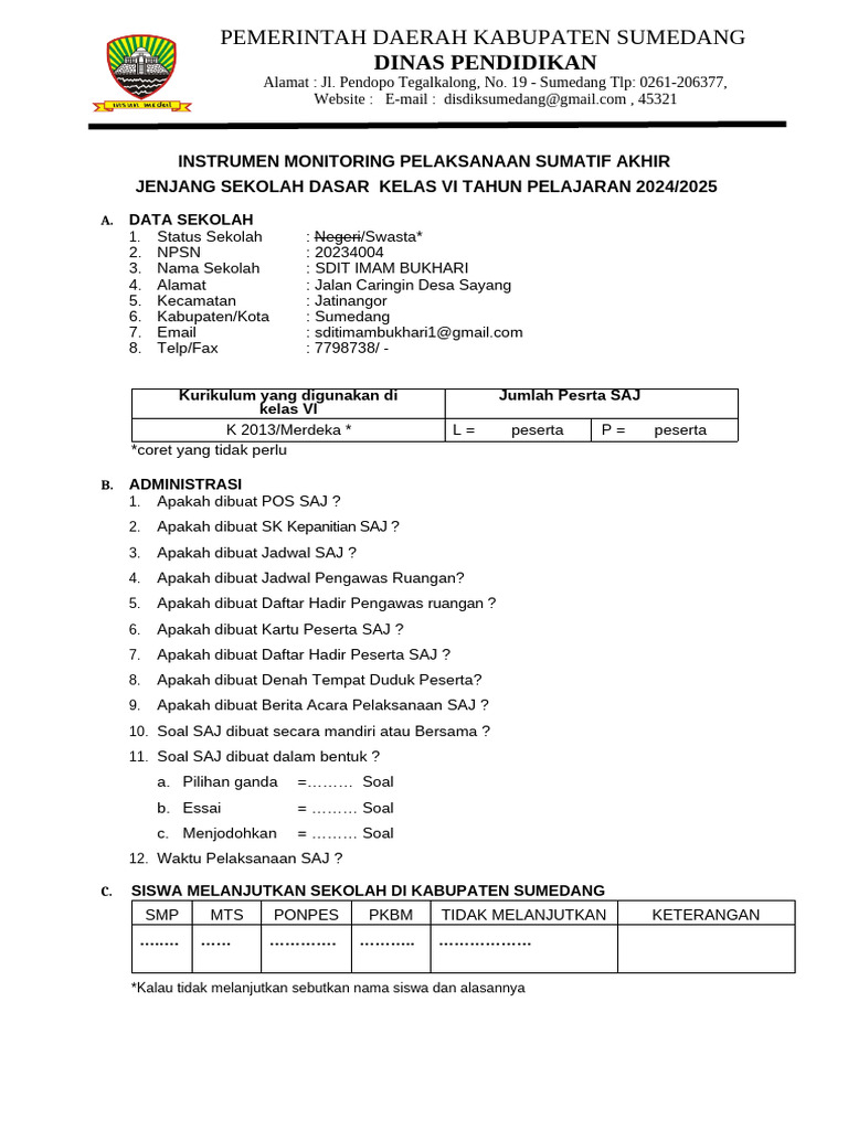 Instrumen Monitoring Saj SD 2025 | PDF