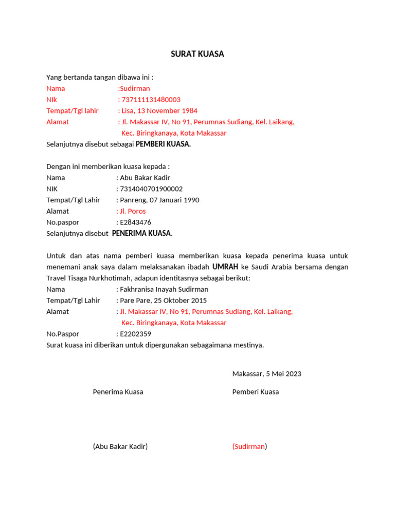 Surat Kuasa Ibadah Umrah Anak | PDF