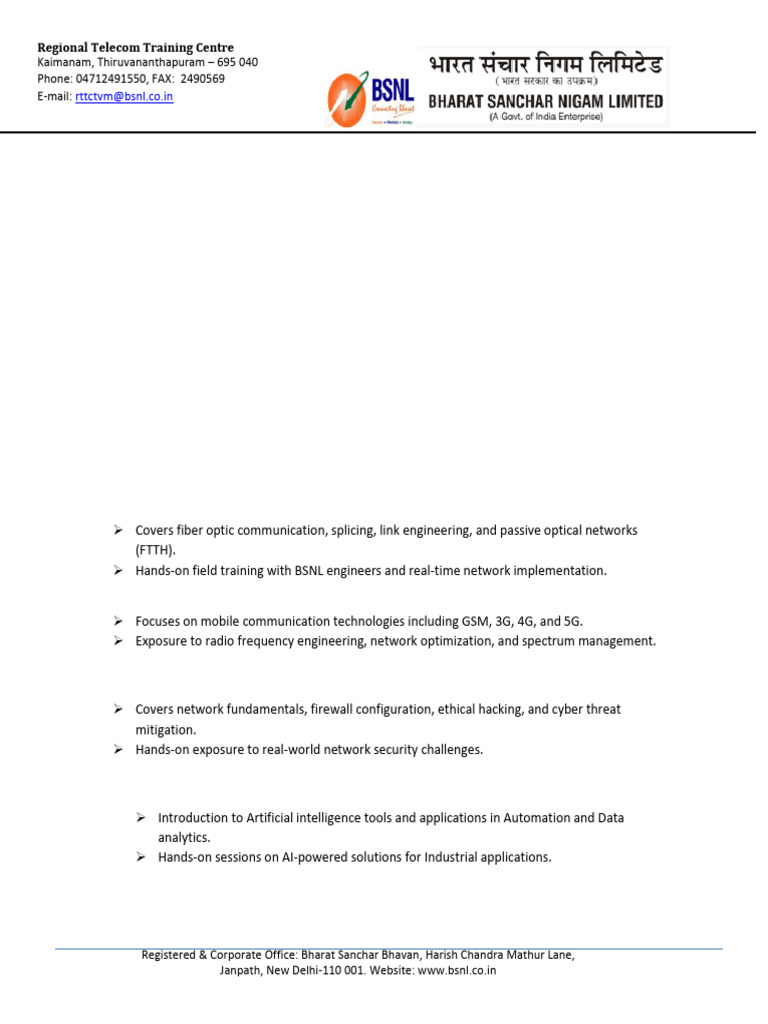 BSNL Internships Industrial Training | PDF | Telecommunications | Computer Network