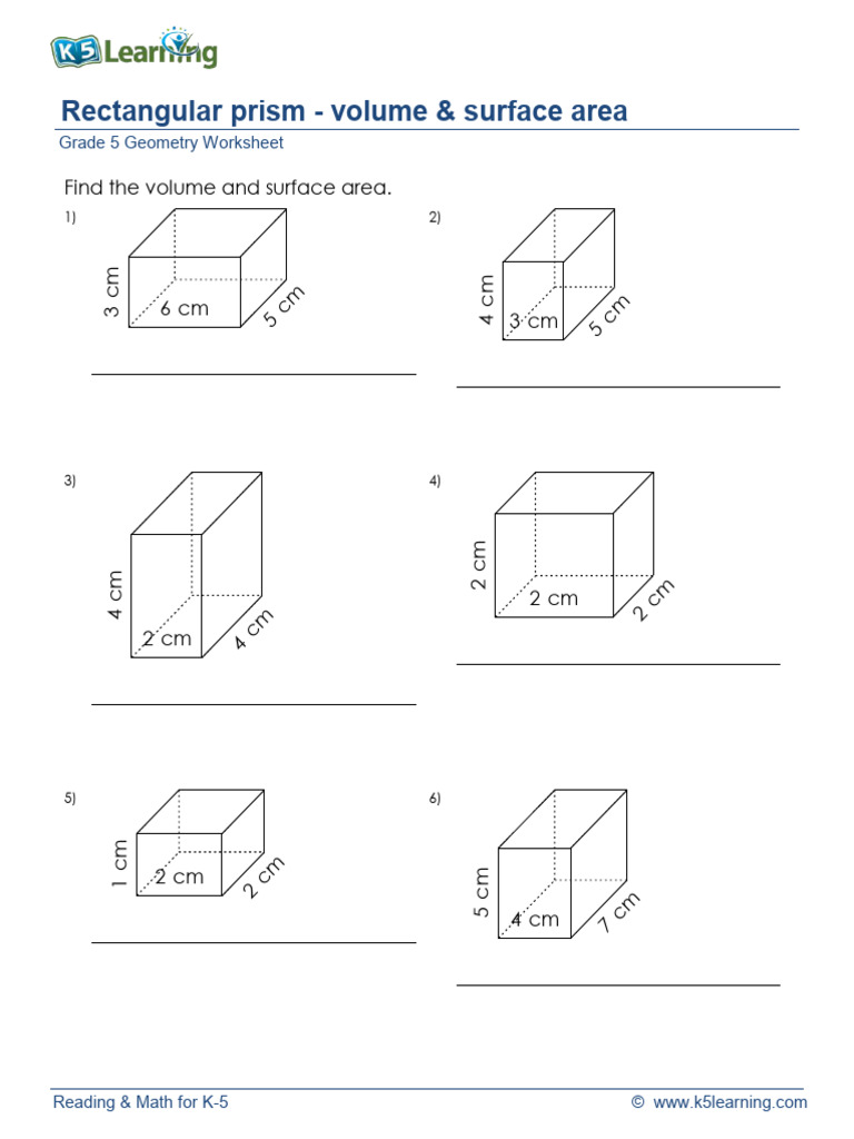 Grade 5 Geometry Rectangular Prism Volume Surface Area D | PDF | Area ...