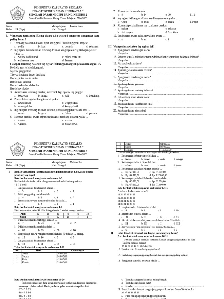 Soal Asas Kenaikan Kelas 3 - 2425 | PDF