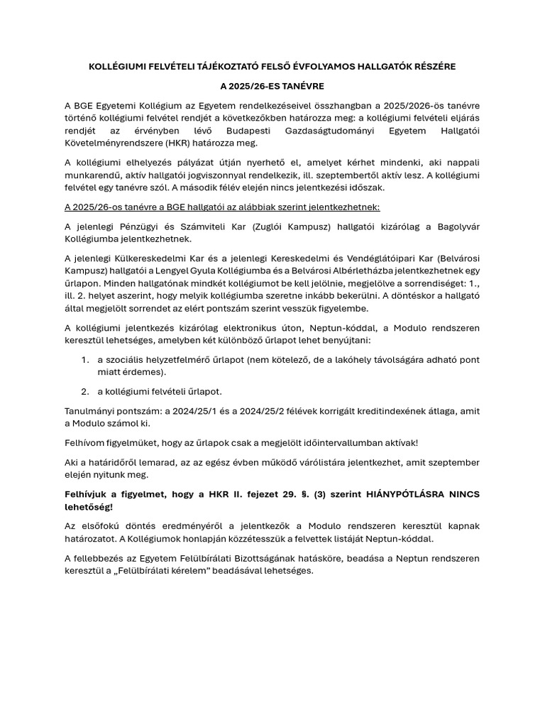 Kollegiumi Felveteli Tajekoztato Felso Evfolyamos Hallgatok Reszere ...