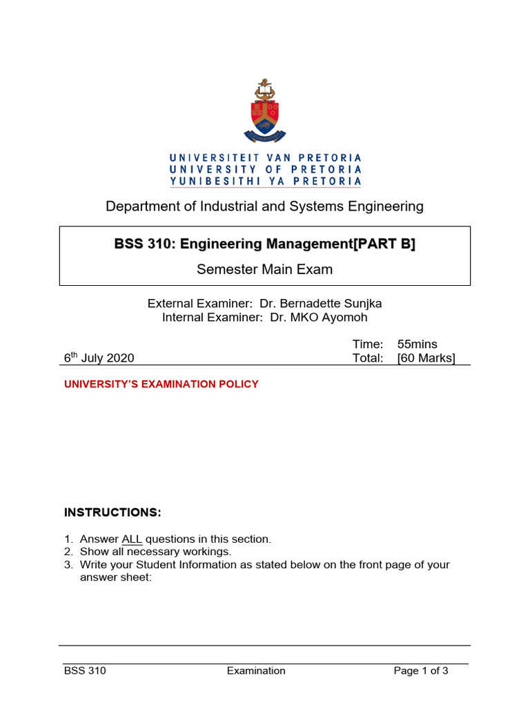 BSS 310 Exam Paper (2020) | PDF
