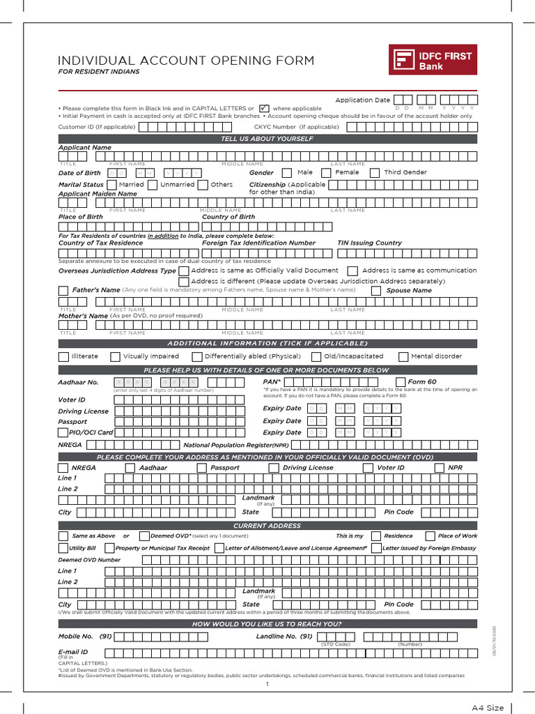 IDFC FIRST Savings Account Form 1 | PDF | Banks | Debit Card