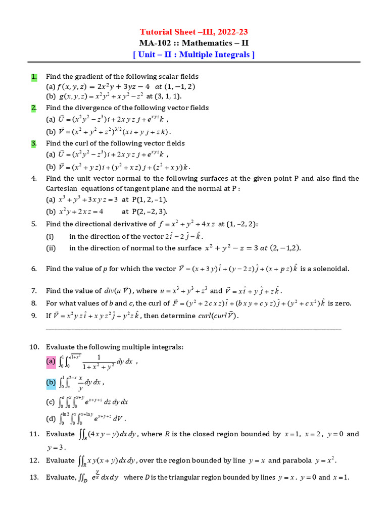 Tutorial-Sheet, Multiple Integrals, 2023 | PDF | Geometric Shapes | Mathematical Analysis