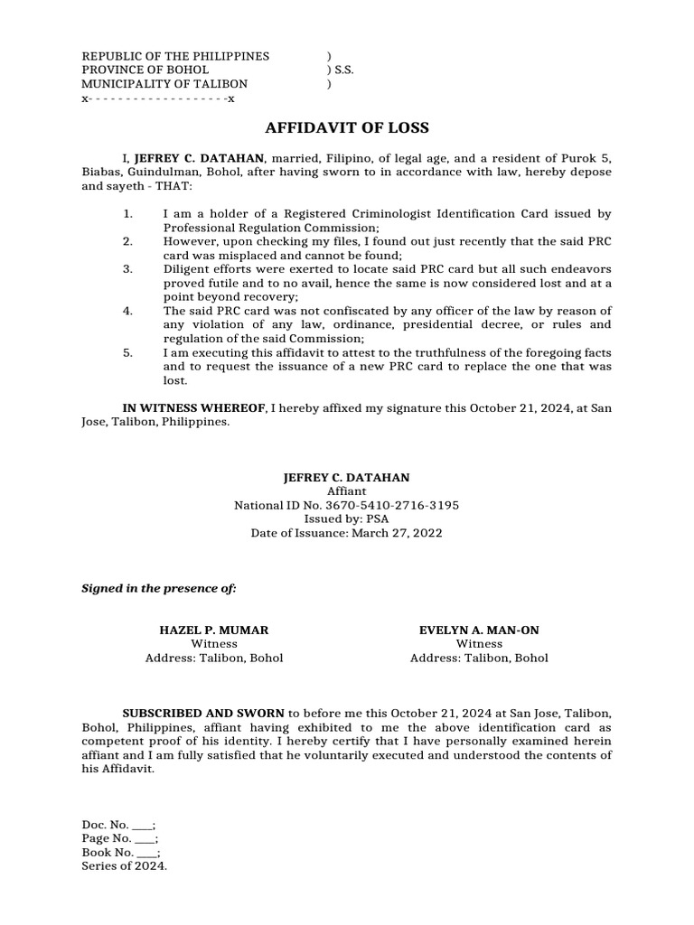 Affidavit of Loss PRC ID | PDF | Affidavit | Authentication