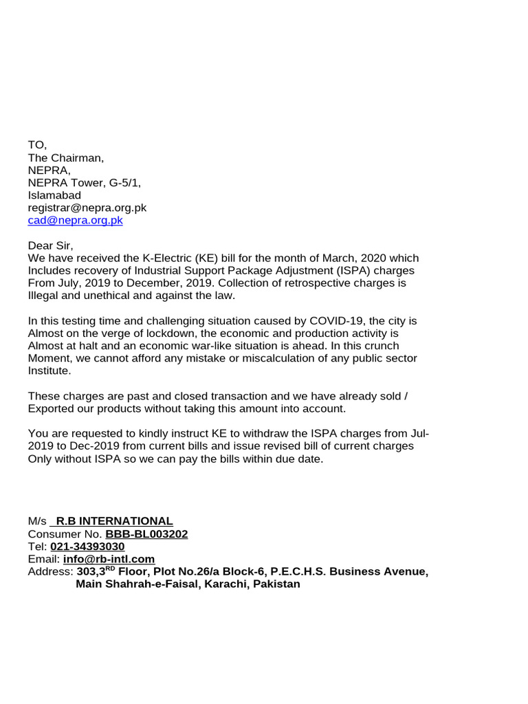 Electric Bill Letter To Nepra | PDF