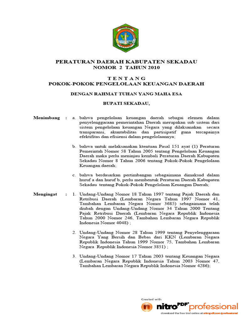 1. Perda No. 2 Ttg Pokok2 Pengelolaan Keuangan Daerah | PDF