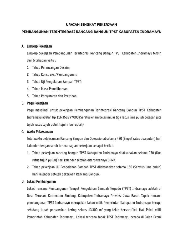 Uraian+Singkat+Pekerjaan++TPST+Kab+Indramayu | PDF