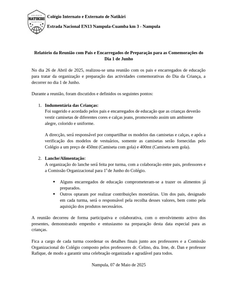 Relatorio 1 de Junho | PDF