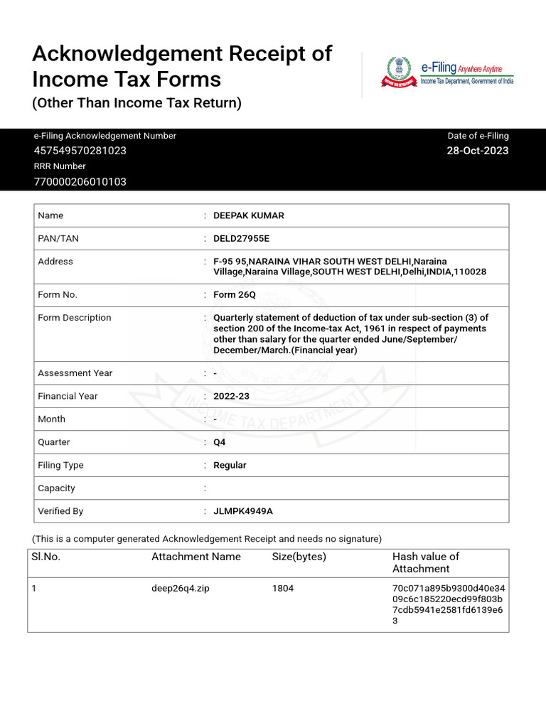 Form 26Q_ARN_770000206010103 | PDF