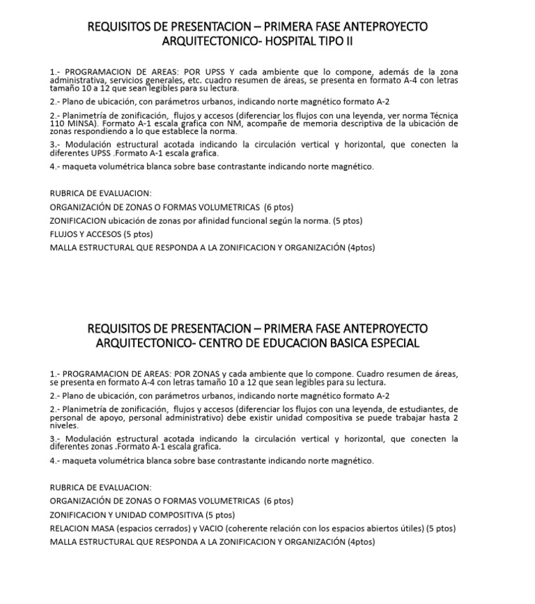 Requisitos de Presentacion – Primera Fase Anteproyecto Arquitectonico | PDF
