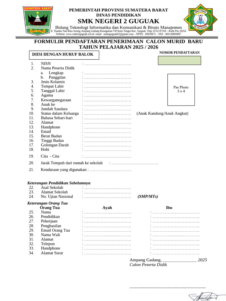 Formulir - SPMB 2025 SMK N 2 Guguak | PDF