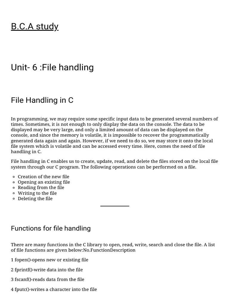 Unit - 6 - File Handling - B.C.a Study | PDF | Pointer (Computer Programming) | Computer File
