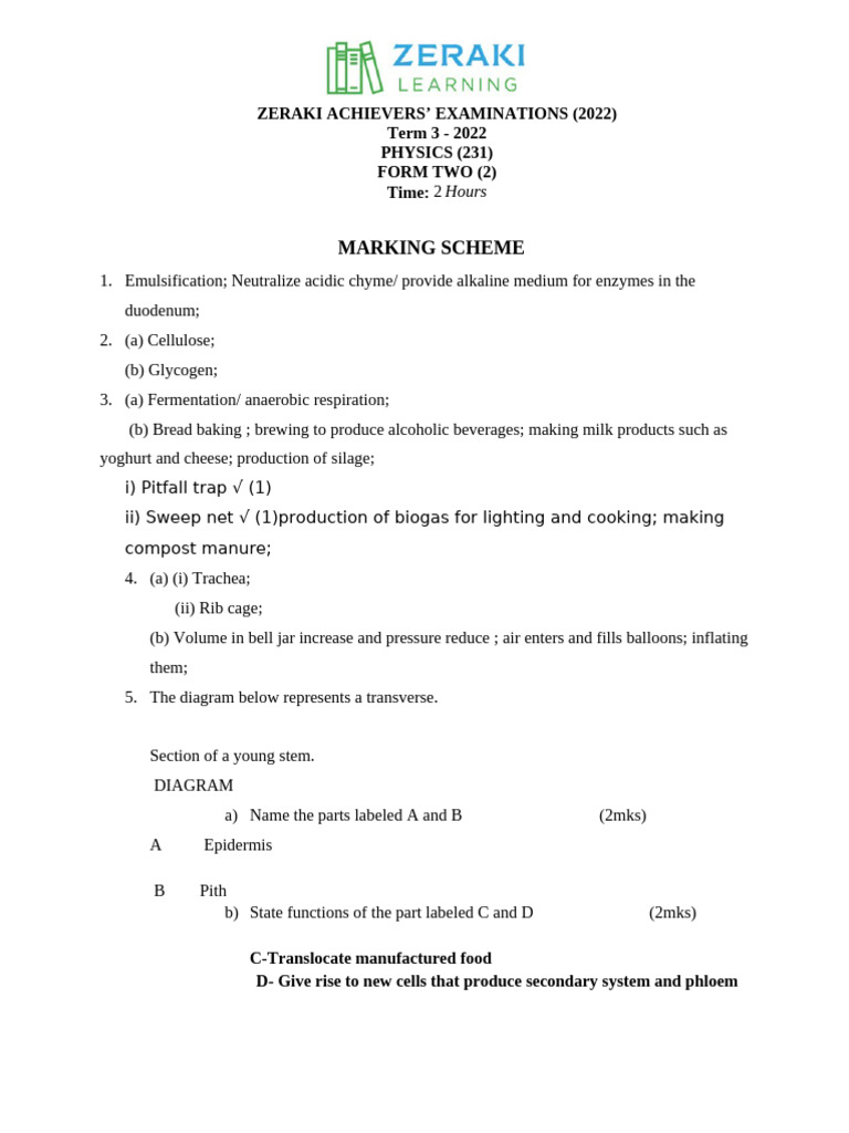 Biology Form 2 - Marking Scheme | PDF | Blood | Leaf