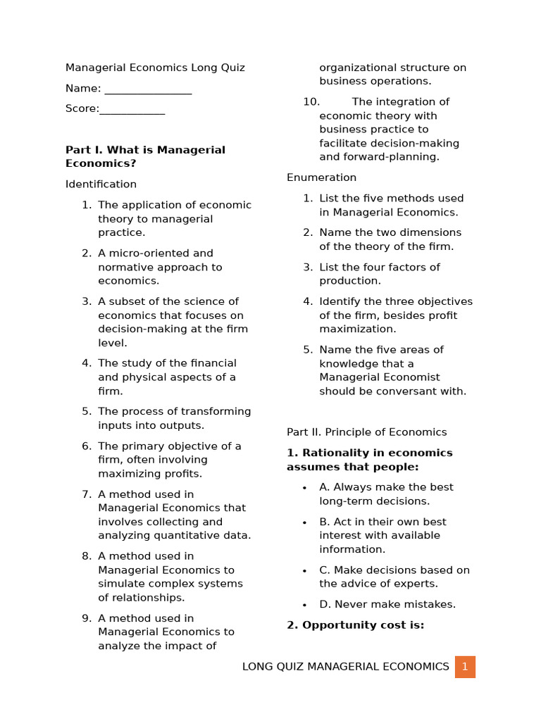 Managerial Economics Quiz Overview | PDF | Economics | Macroeconomics