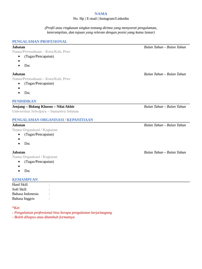 Format CV Ats Calon Staf Muda Bem Fe Unsri 2025 | PDF
