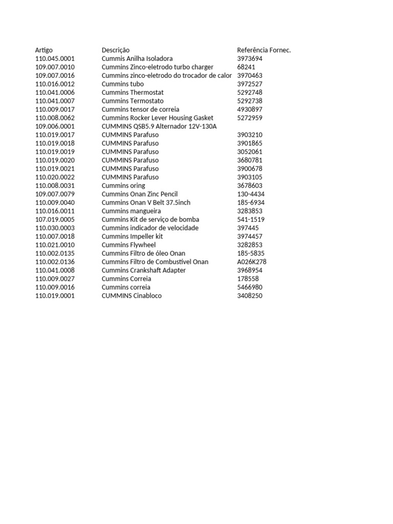 Cummins Parts Reference List | PDF