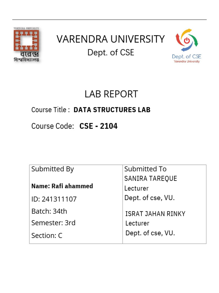 Data Structures Lab Report - CSE 2104 | PDF