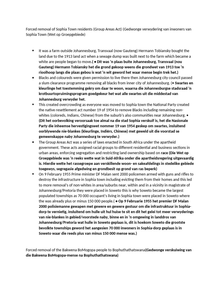 Enforced Relocation from Sophia Town | PDF | Politics And Race ...