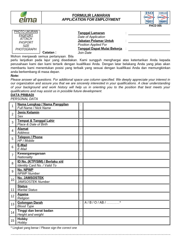 FHCD 005 Form Lamaran Kerja | PDF