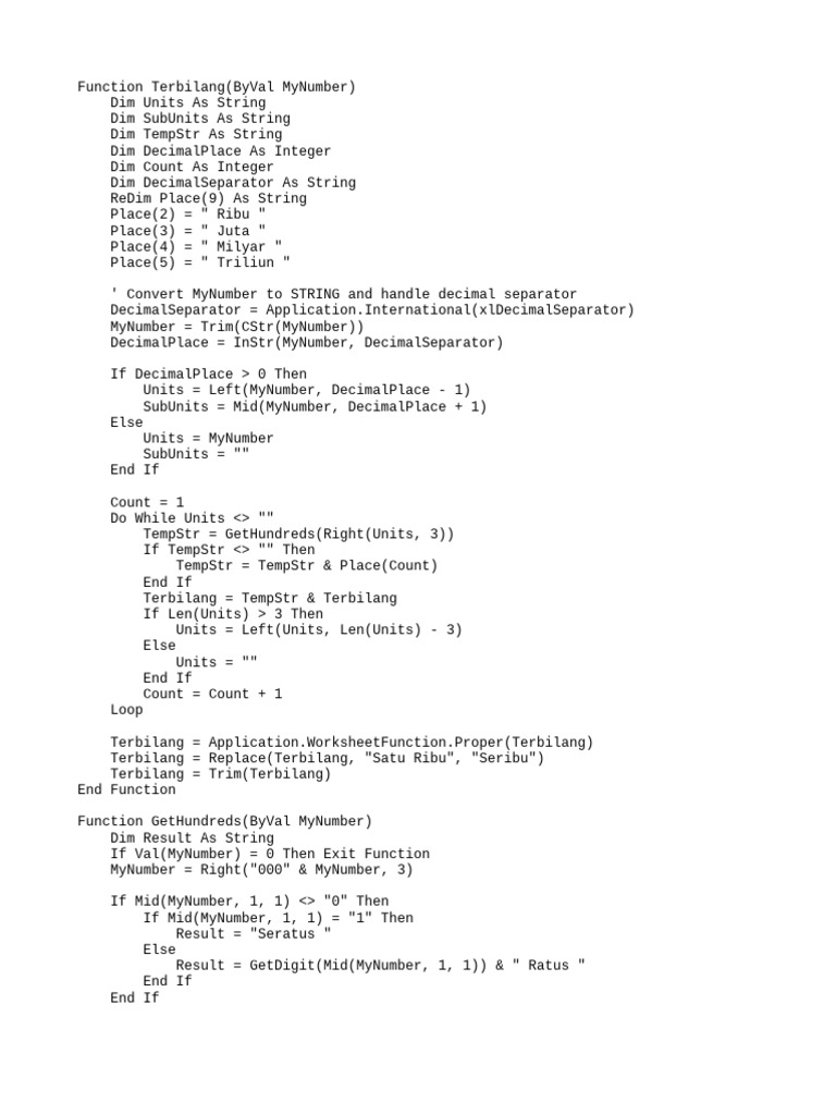 Function Terbilang (ByVal MyNumber) | PDF | Computer Programming