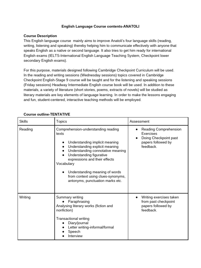 Eng - Lang Tutorial Course Contents-ANATOLI | PDF | English Language | Cognition