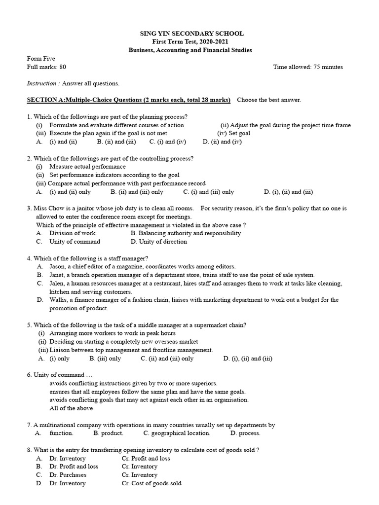 2020 f5 Bafs Test1 Paper1 Question Paper | PDF | Debits And Credits | Debt
