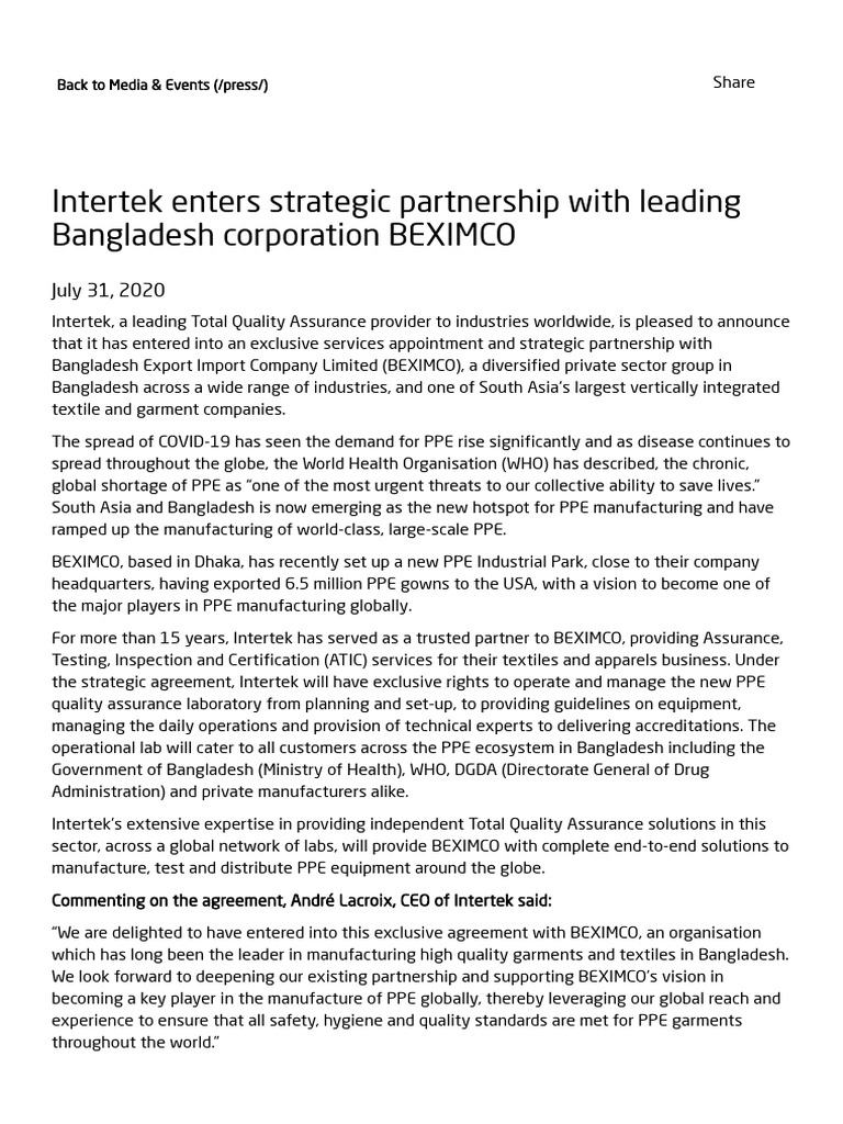 Intertek Enters Strategic Partnership With Leading Bangladesh ...