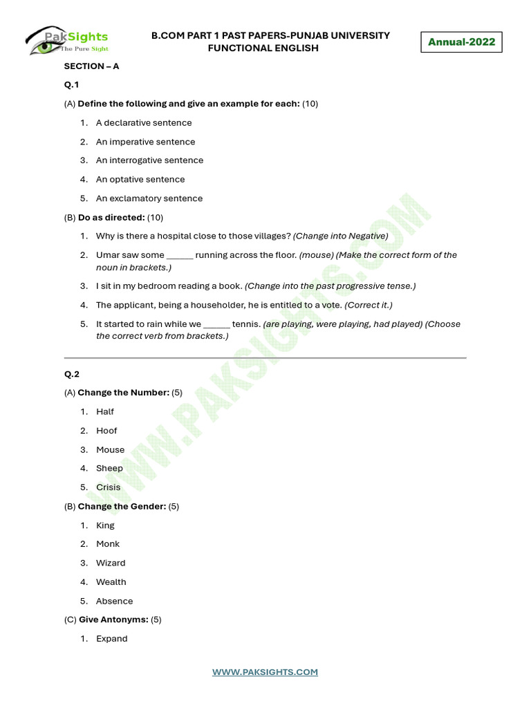 B.Com Part 1 Functional English Past Papers | PDF | English Language ...