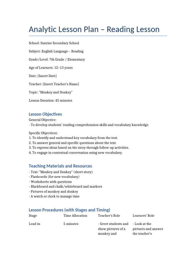 Analytic Reading Lesson Plan | PDF | Reading Comprehension | Vocabulary