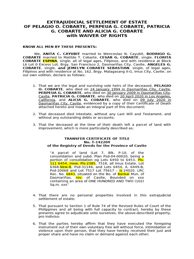Extrajudicial Settlement of Estate With Waiver of Rights - Cobarte.2024 | PDF | Inheritance ...