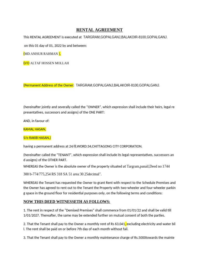 Rental Agreement for Residential Property | PDF | Leasehold Estate | Lease