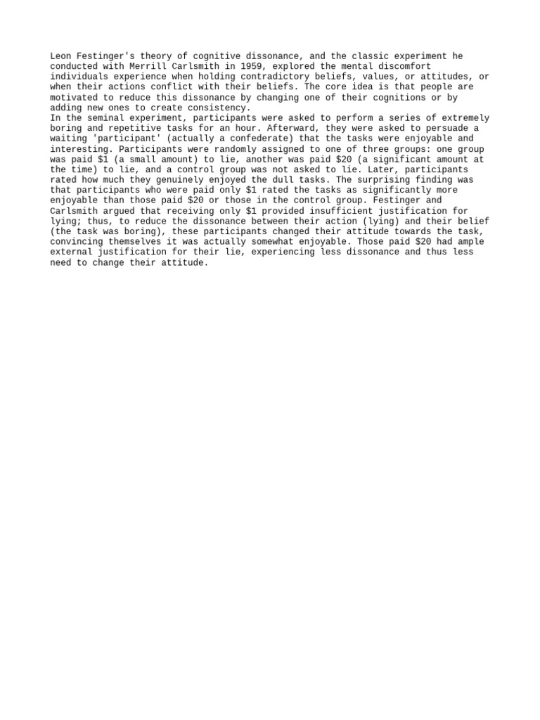 Festingers Cognitive Dissonance Experiment | PDF