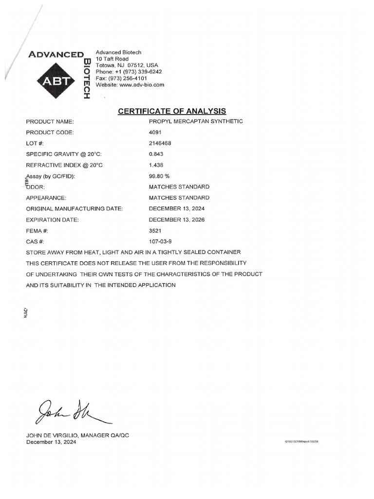 Advanced Biotech_Propyl Mercaptan Synthetic | PDF