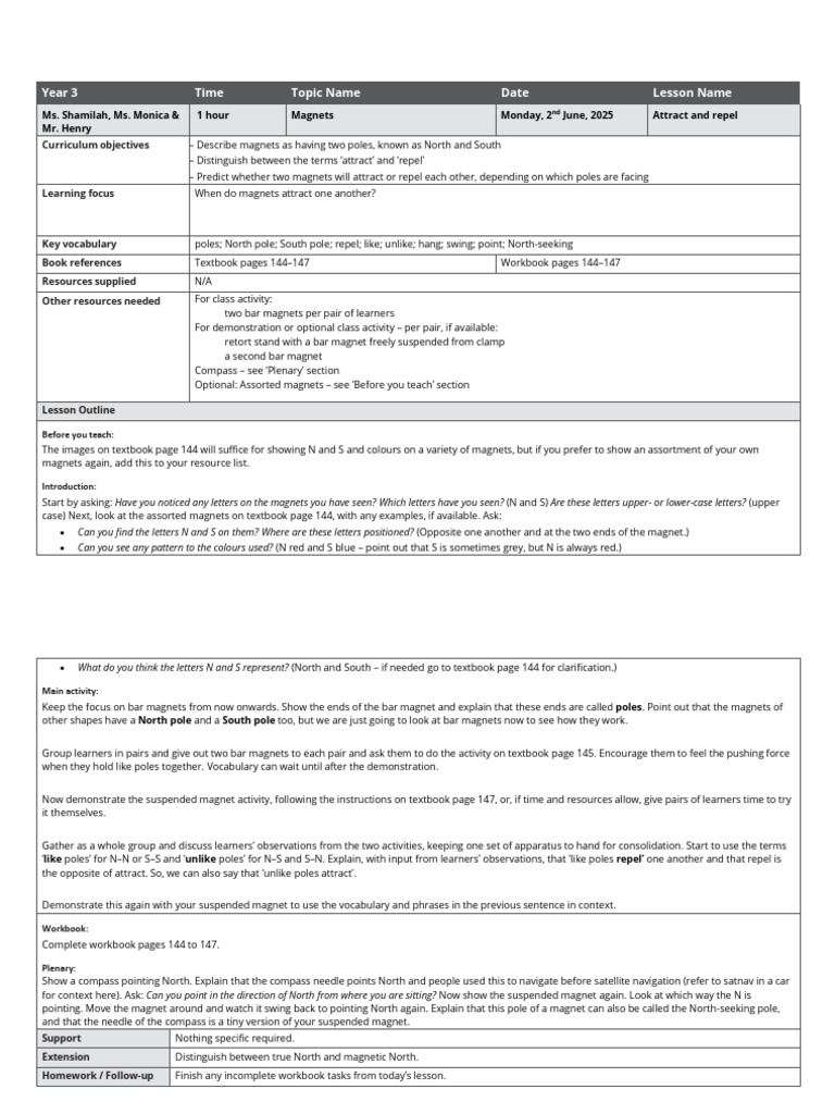 Week 7 Science Plans - Term 3 | PDF | Magnet | Compass