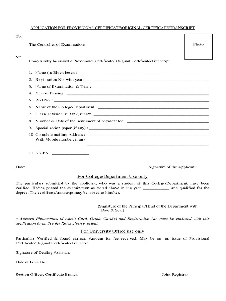 Provisional Original Transcript Certificate-Form | PDF