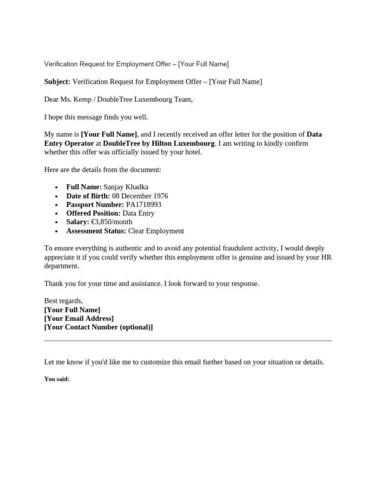 Verification Request For Employment Offer | PDF