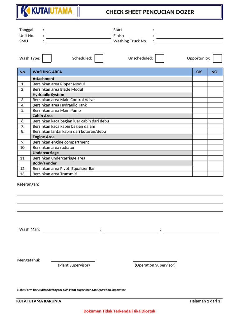 DEWA-PM-ForM-133. Check Sheet Pencucian Dozer | PDF