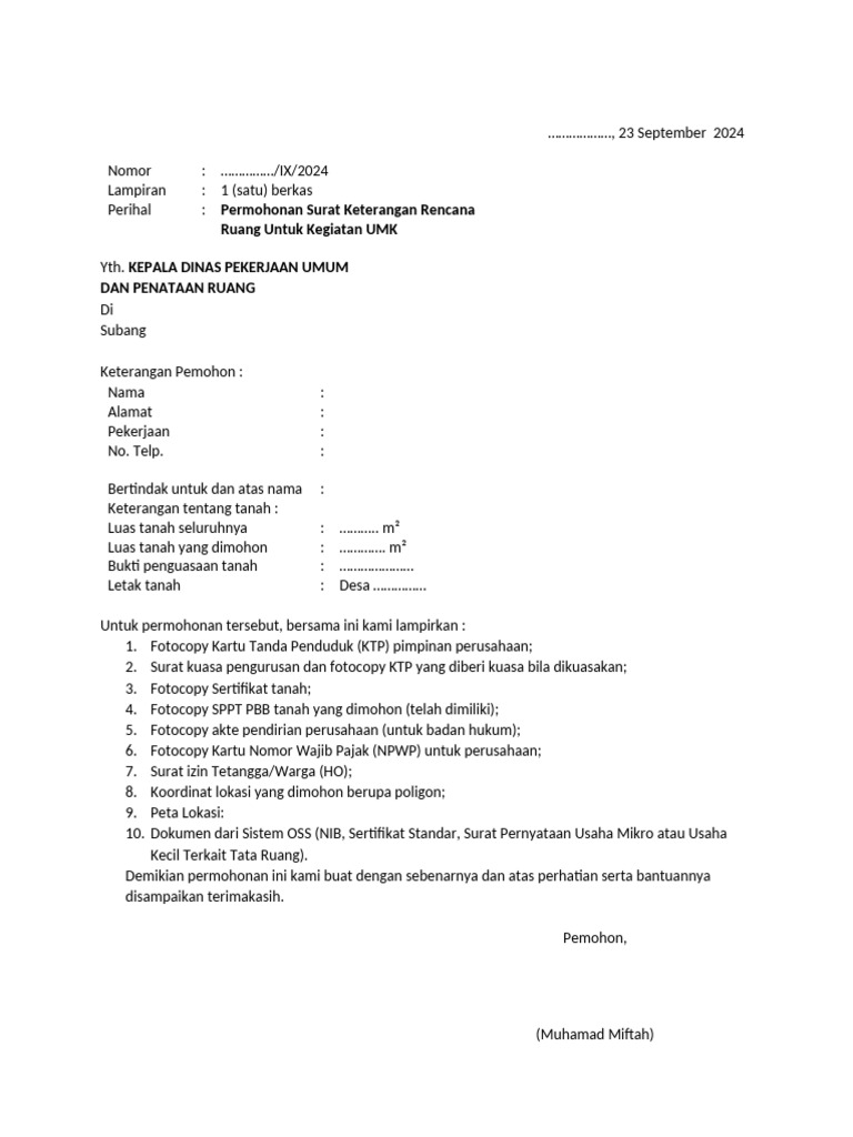 Surat Keterangan Rencana Kerja (KRK) | PDF