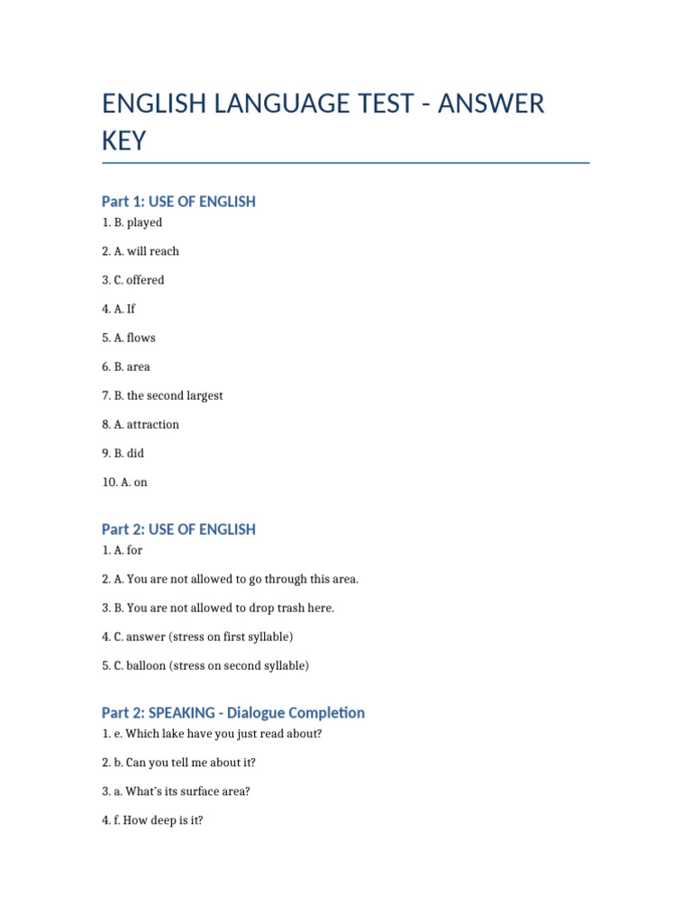 English Language Test Answer Key | PDF