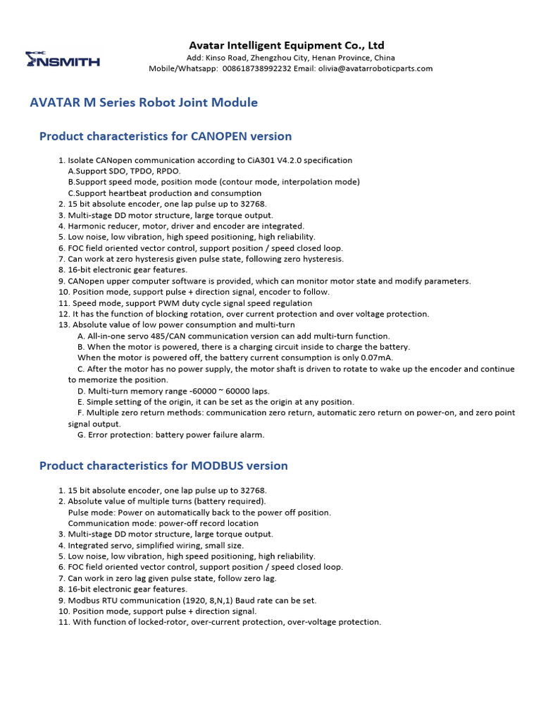 Avatar Intelligent Robot Joint Modules | PDF | Electrical Engineering ...