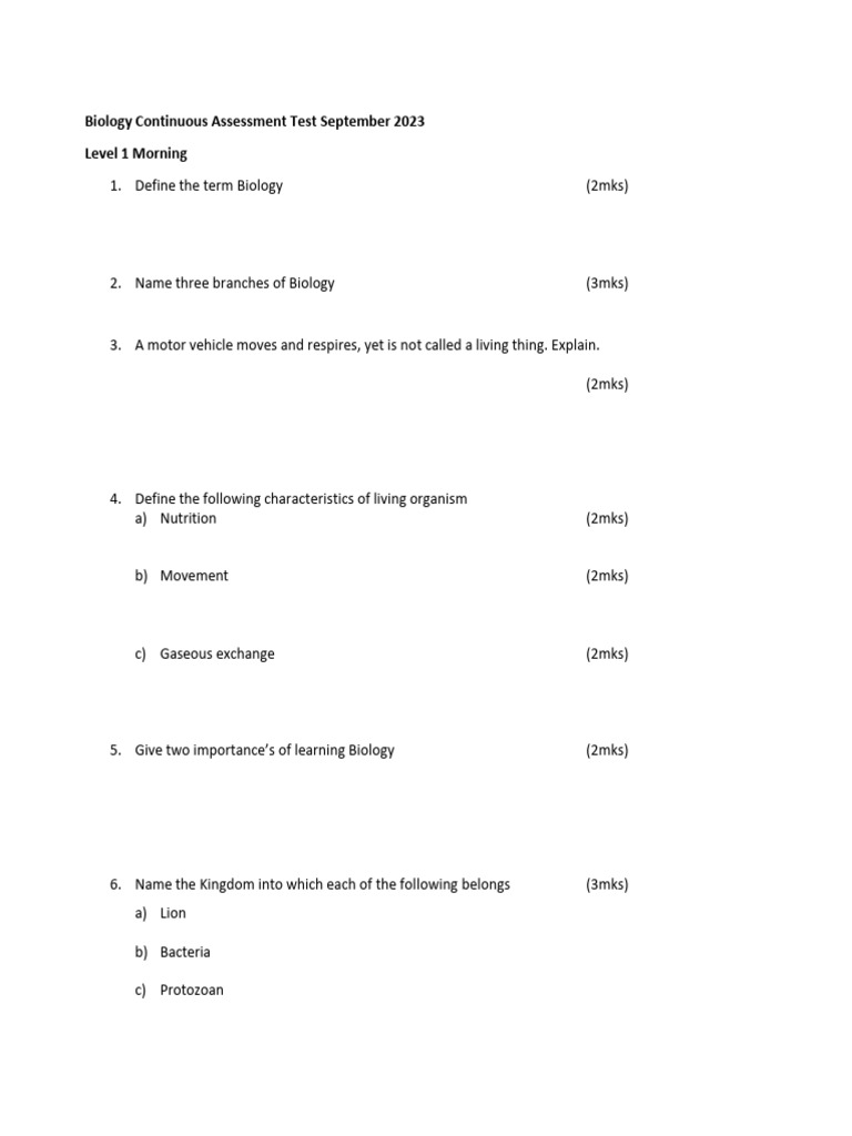 Biology Continuous Assessment Test | PDF