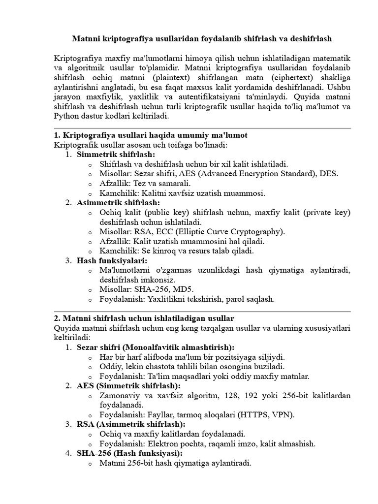 Matnni Kriptografiya Usullaridan Foydalanib Shifrlash Va Deshifrlash ...